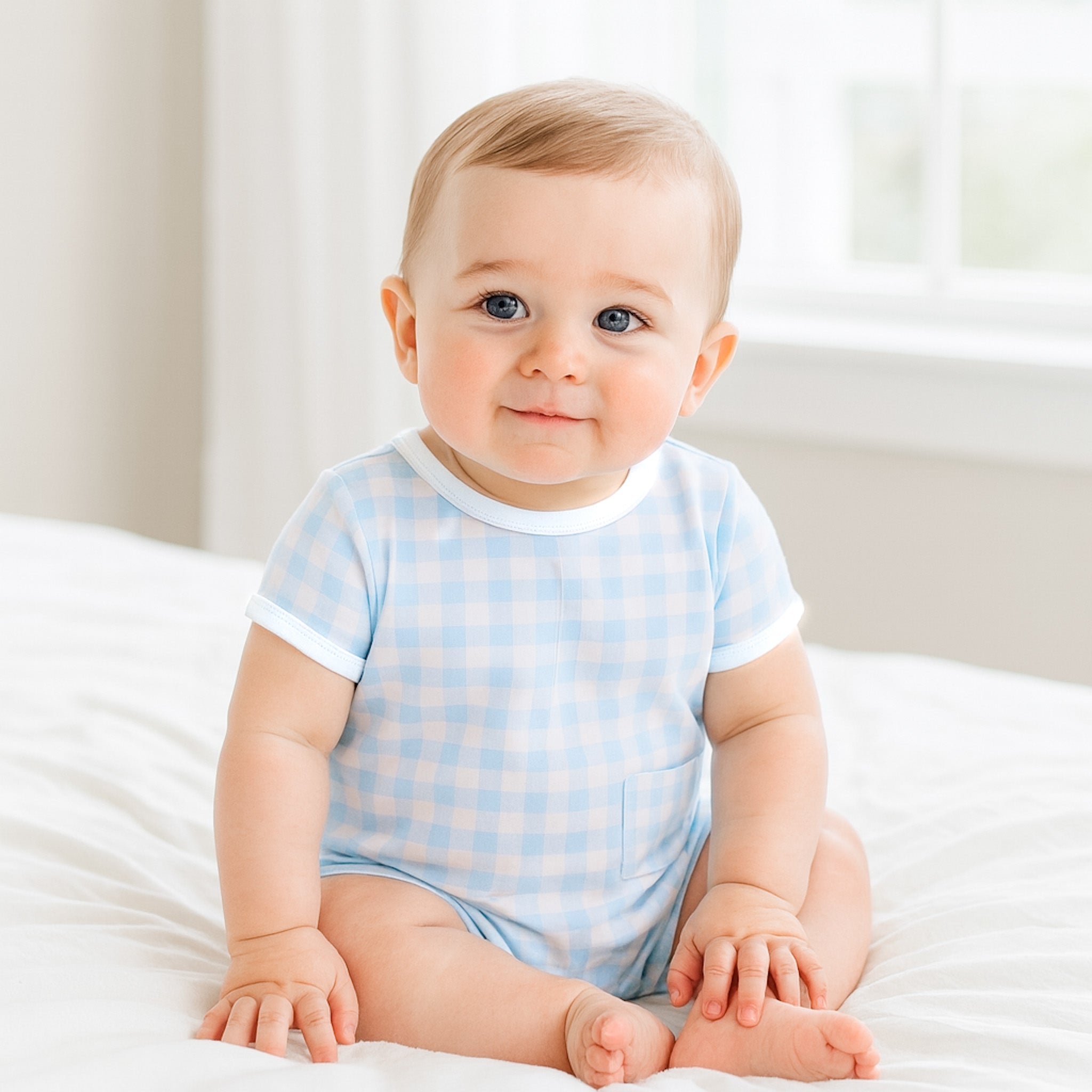 Baby Checks Blue Short Sleeve Bubble – Magnolia Baby